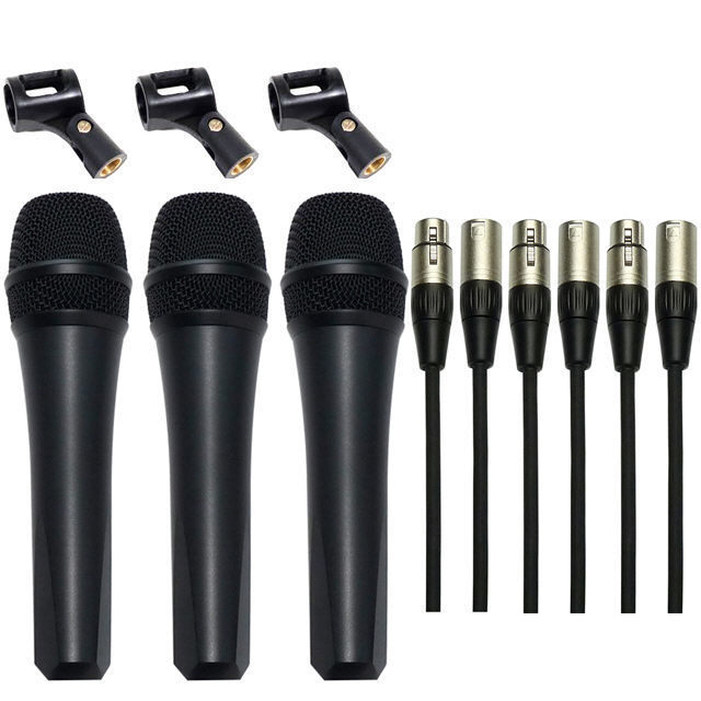 Microphone 3 Pack Pro Dynamic Microphones+5m XLR Mic Cables+Clips DP ...